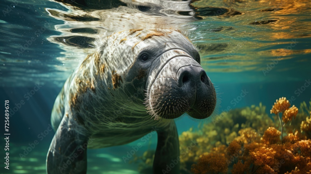 Manatee Grazing in Seagrass A Serene Underwater Scene Capturing Marine ...