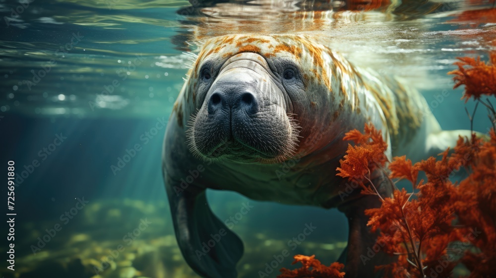 Manatee Grazing in Seagrass A Serene Underwater Scene Capturing Marine ...