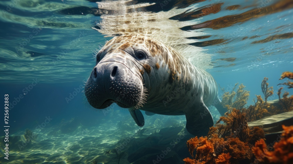 Manatee Grazing in Seagrass A Serene Underwater Scene Capturing Marine Life and Eco-friendly ...