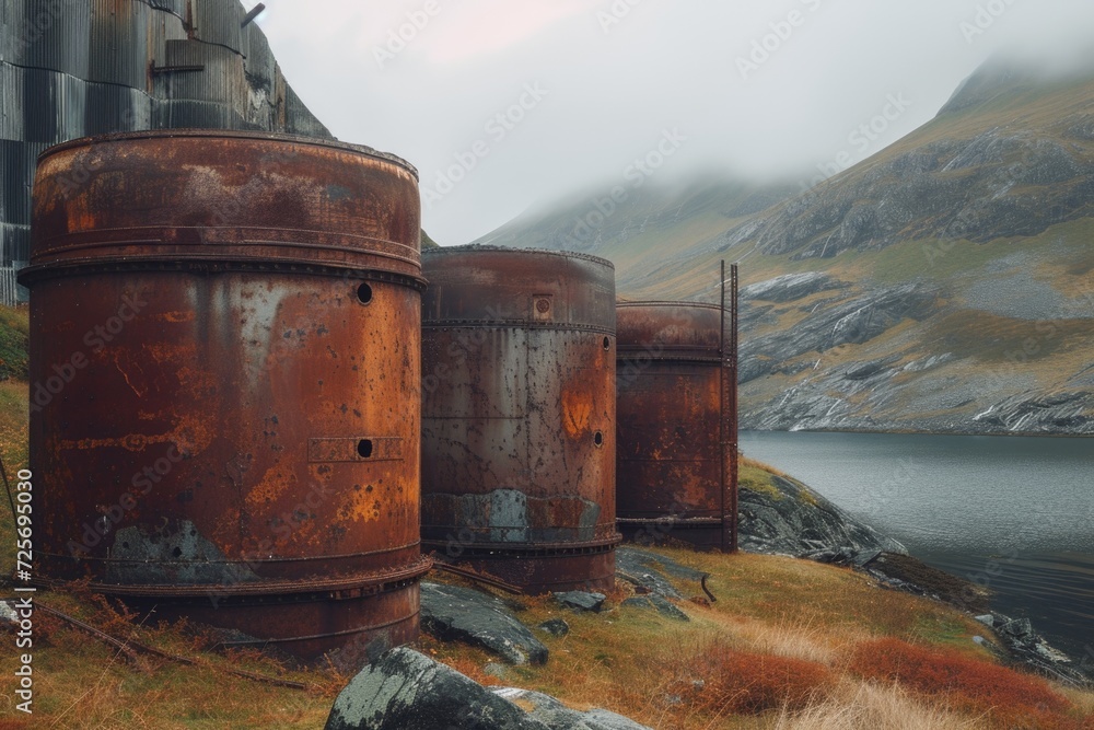 Three rusted metal tanks sitting next to a body of water. This image ...
