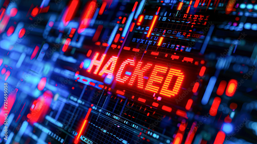 Cybersecurity Breach Alert with "System Hacked" Sign.A digital interface with glowing lines of ...