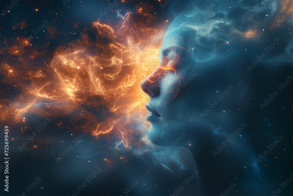 Discover cosmic serenity with a floating human head, radiant neural ...