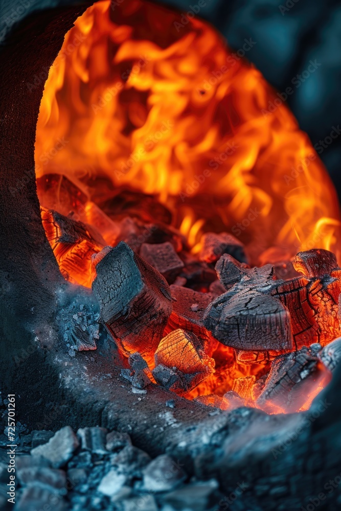 A close-up view of a fire burning in an oven. This image can be used to ...