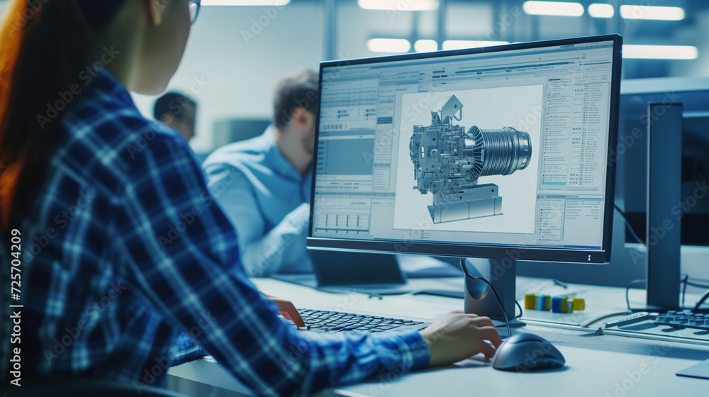 Engineer Working on Desktop Computer, Screen Showing CAD Software with ...