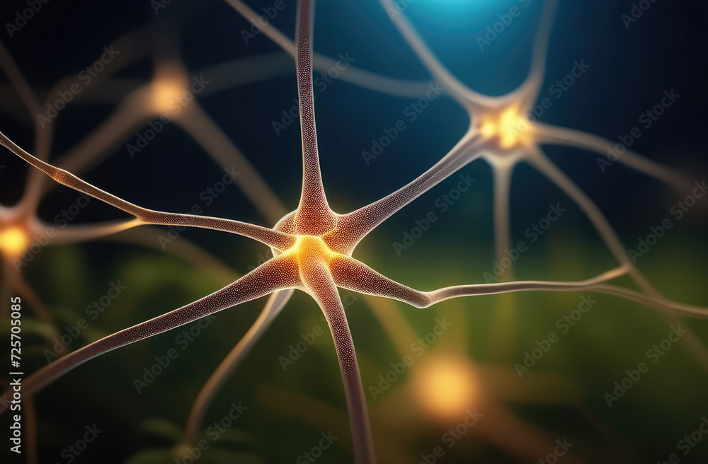 Neural cells - 3D rendering of neural cell images. Synapse on a black ...