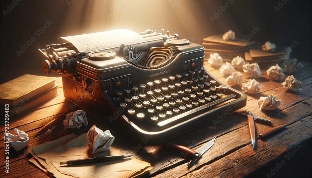 Vintage typewriter on an old wooden desk, bathed in warm, ambient light ...