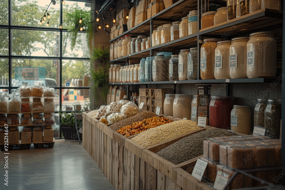 Inside a zero-waste store, shelves are lined with bulk goods, customers ...