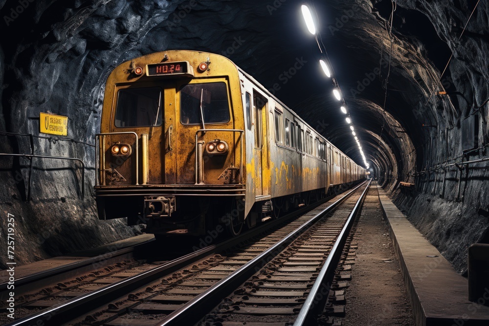 Subway train navigating through an underground tunnel. Stock Photo ...