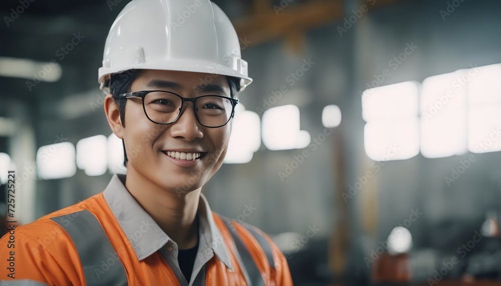 Portrait of a happy asian factory worker wearing hard hat and work ...