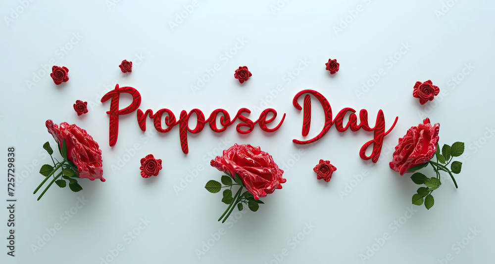 3d text for propose day with red roses surrounded on a simple white ...