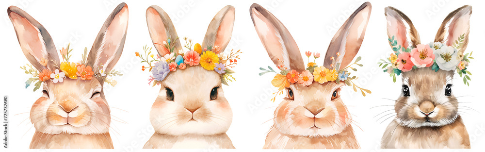 Easter bunny wearing a flowers crown, Colorful watercolor cute rabbit ...