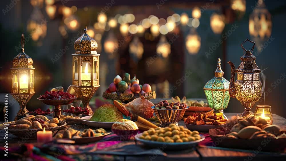Ramadan background decoration variety of food during Iftar with lamp ...