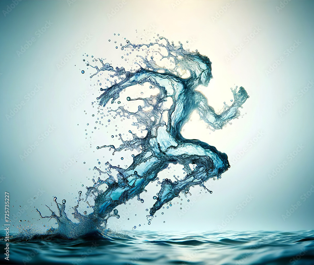 This image depicts a splash of water, creating a dynamic human-like ...