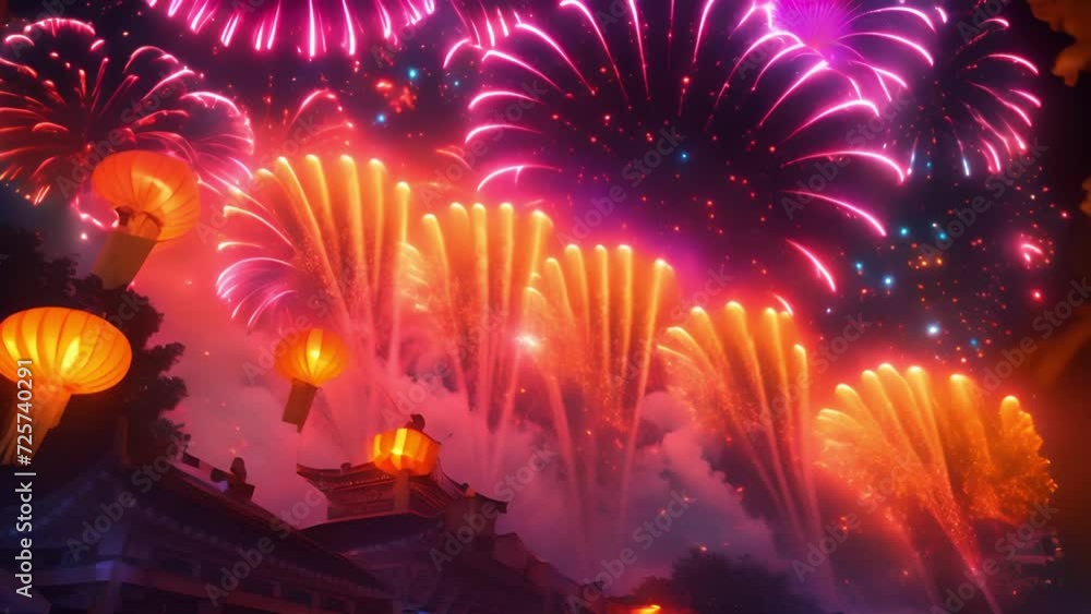 Fireworks Chinese New Year above temple. Lunar New Year fireworks 2024 ...