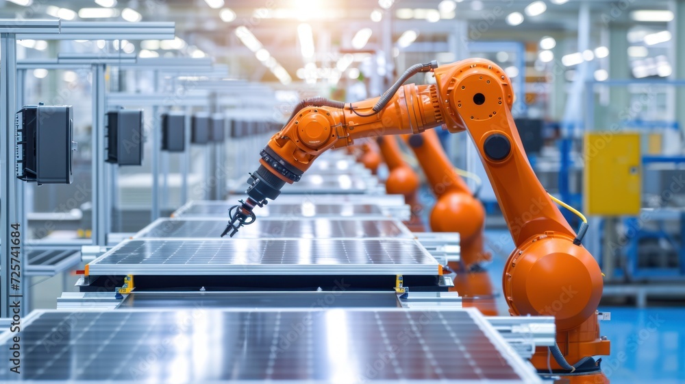 Solar panel production line with robotic arm at state-of-the-art solar ...