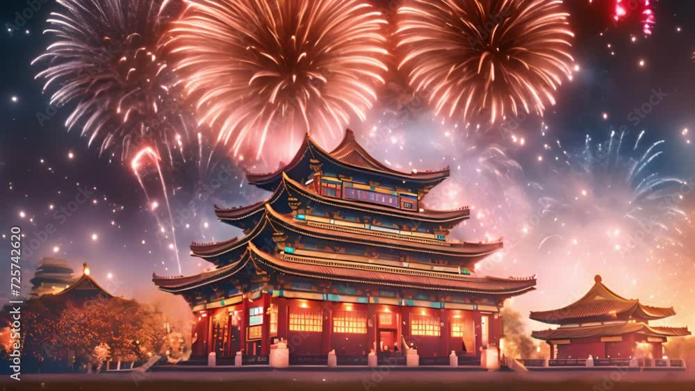 Vídeo do Stock: Fireworks Chinese New Year above temple. Lunar New Year ...