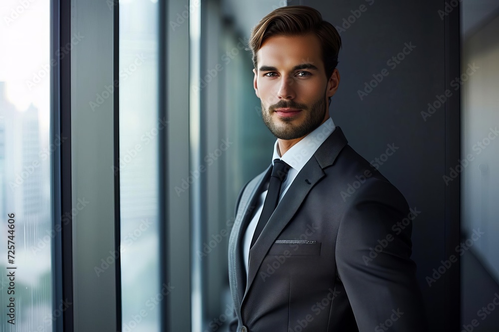 Sleek professional look Male model in a sharp suit in a high-rise ...