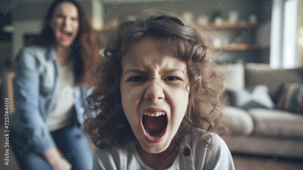 a little girl screams in a fit of aggression next to her screaming ...