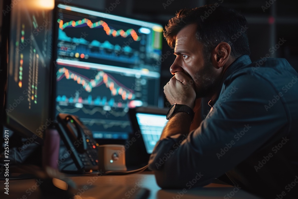 Stock trader sitting in front of his screens on his desk, Disappointed ...