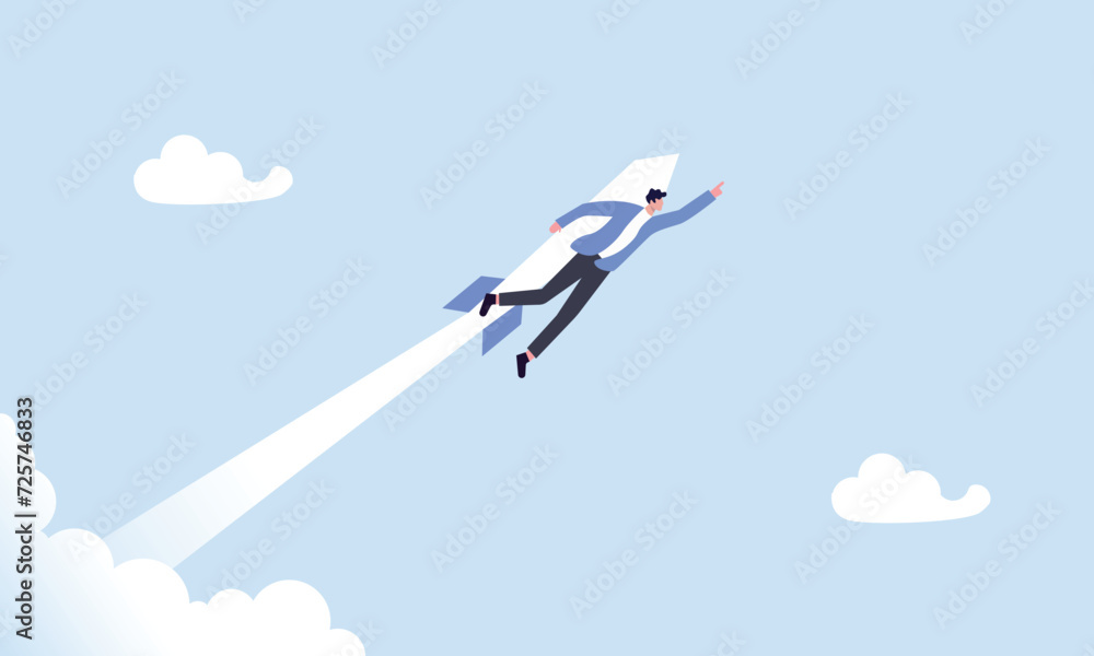 Businessman with rocket booster takeoff fast flying to new challenge ...