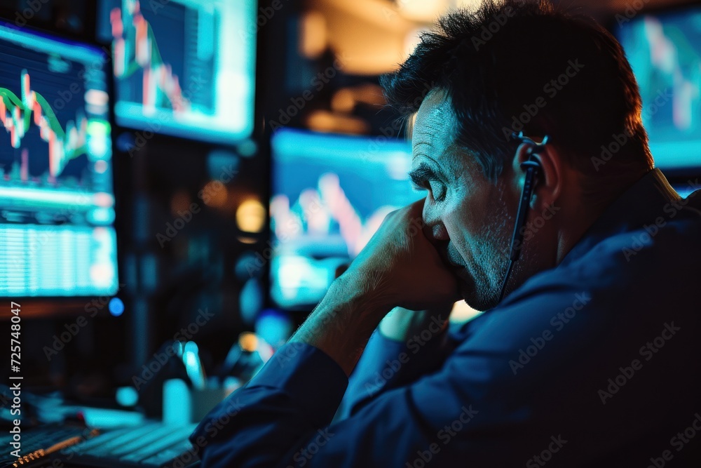 Stock trader sitting in front of his screens on his desk, Disappointed ...