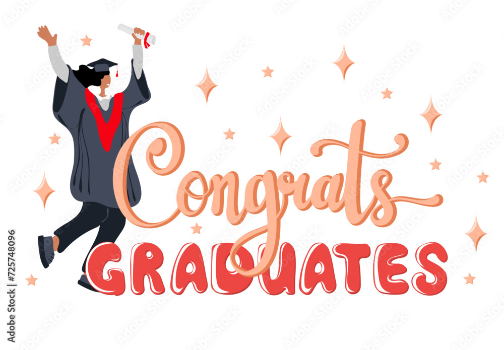 Congrats graduates. Handwritten text with dancing graduate and scroll ...