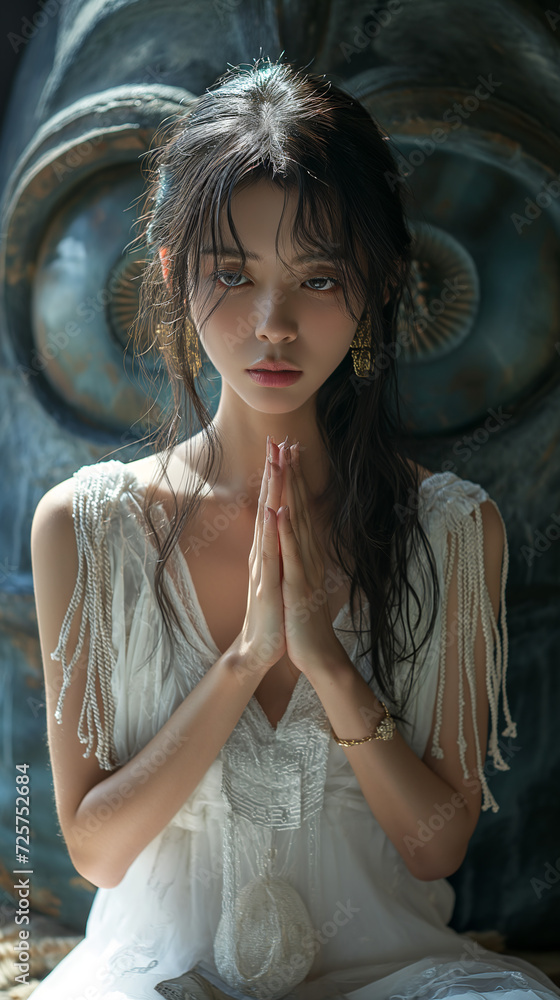 a gorgeous Japanese idol girl wearing a white summer-mini-dress ...