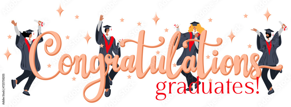 Сongratulations graduates. Handwritten text with dancing graduates ...