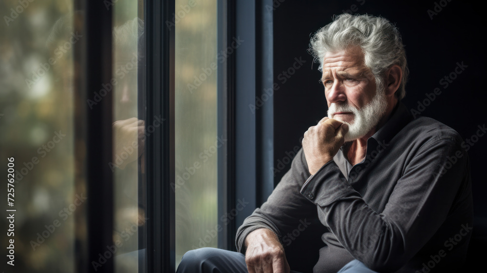 Sad and depressed old man sitting on armchair in living room feeling ...