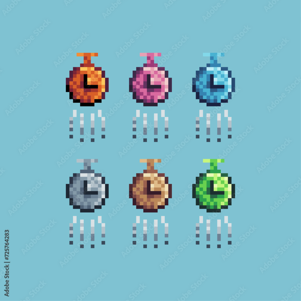 Pixel art sets icon of clock speed variation color. clock fly icon on ...