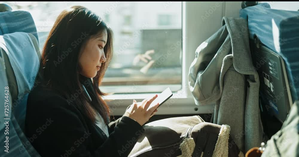 Train, Japanese woman and cellphone with a smile, typing or connection ...