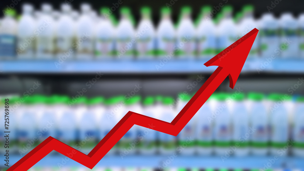 3d Red growing up arrow on blur shelves with dairy products. Grocery ...