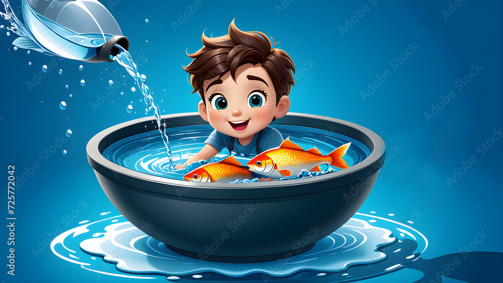 child with a fish bowl Playing kid in the water bowel Stock ...