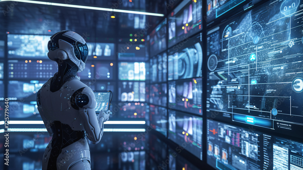 a robot is in front of a computer screen while looking at the screen ...