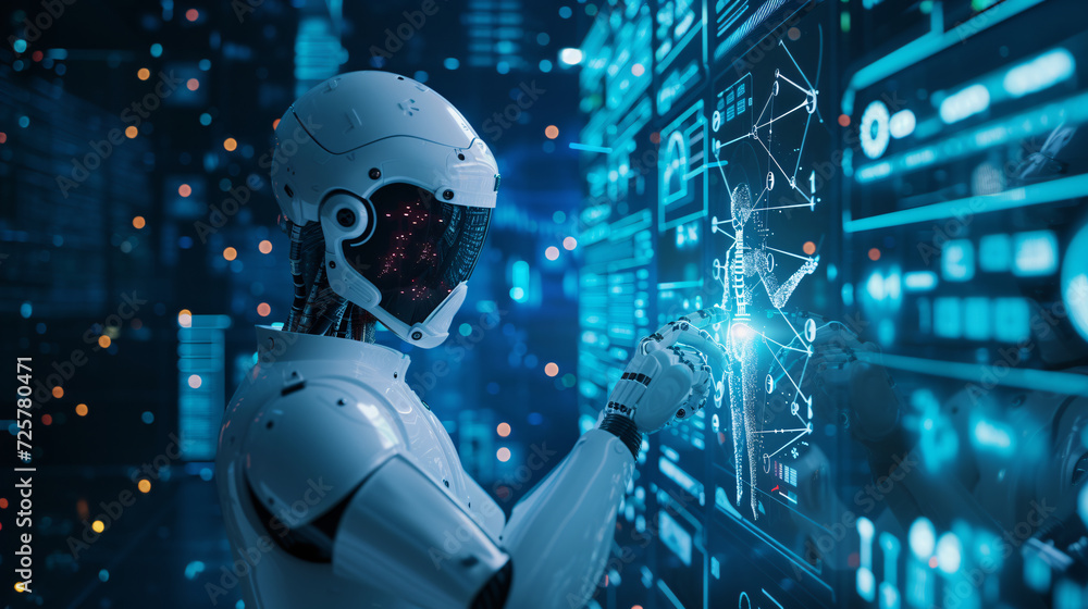 the robot with a glowing face is working on the touch screen, in the ...