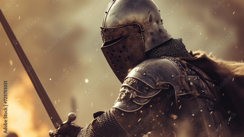 medieval knight wearing metal armor holding sword on blur background of ...