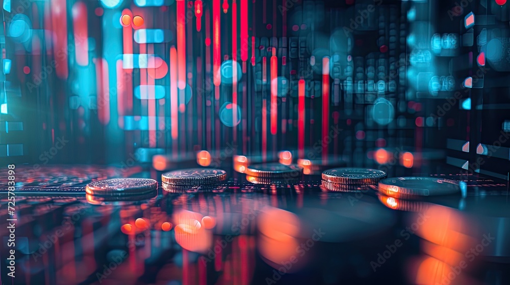 a graph representing financial trends and lines of coins, visually ...