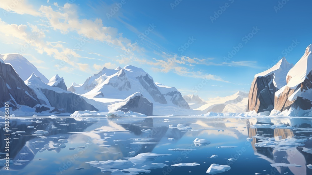 Panoramic scenes of sunlit icebergs in Antarctic waters, highlighting ...