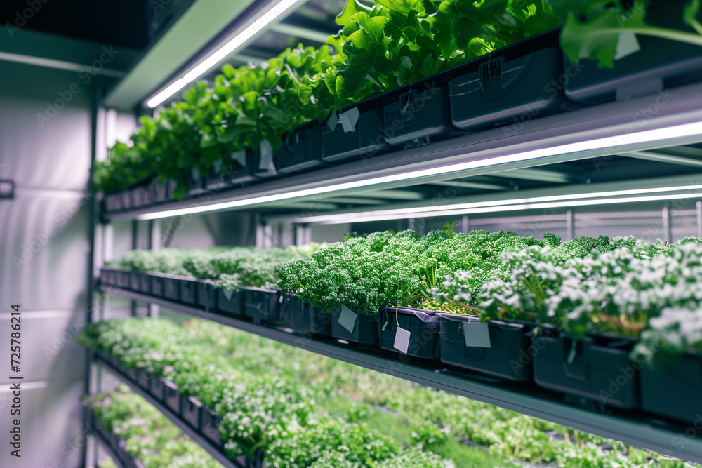 A vertical farm with layers of leafy greens under LED lights, showing ...