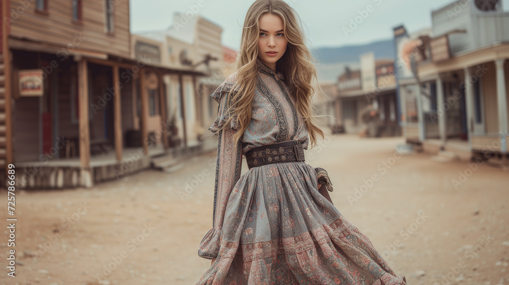 Woman of the Wild West wearing a dress in a western cowboy town ...