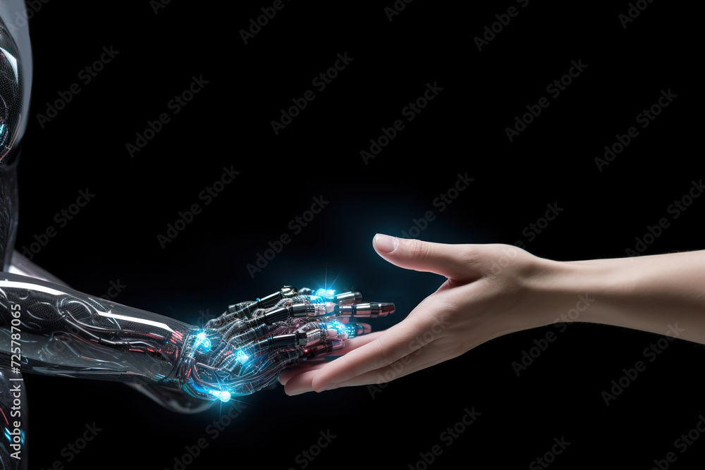 Human hand reaching for robot hand on black isolated background. The ...