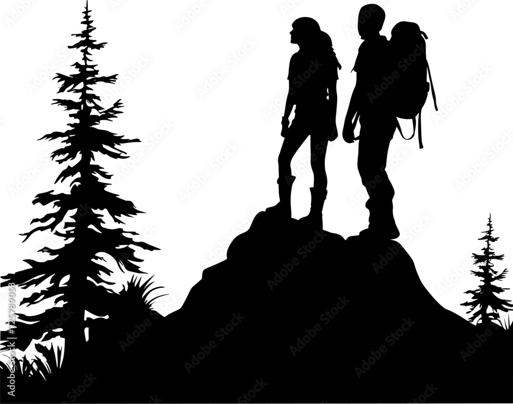 Hiking silhouette vector. Adventure silhouette vector. Mountain hiking ...