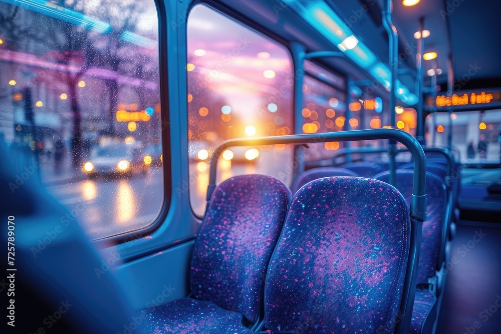 Amidst the bustling city streets, a brightly lit bus stands ready to ...