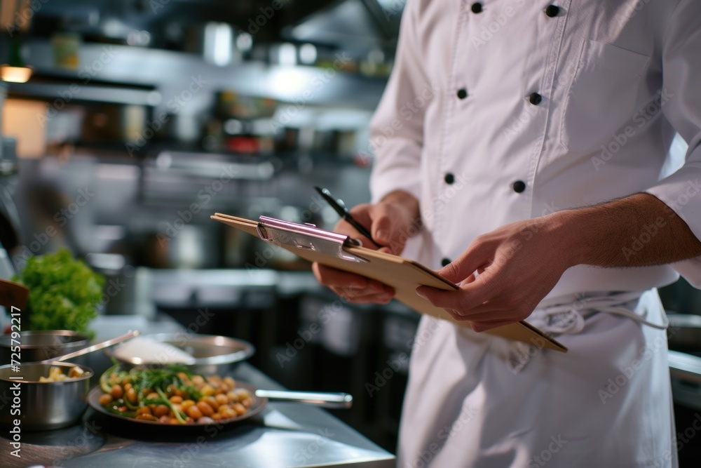 A chef is seen writing on a clipboard in a busy kitchen. This image can ...