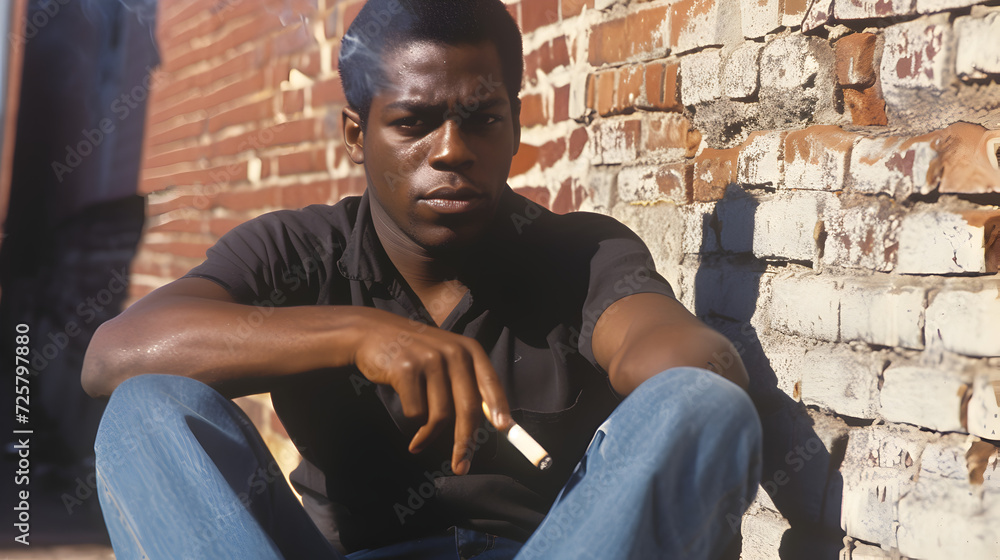 Setting 1987, a male, 25, no facial hair, wearing a black shirt and ...