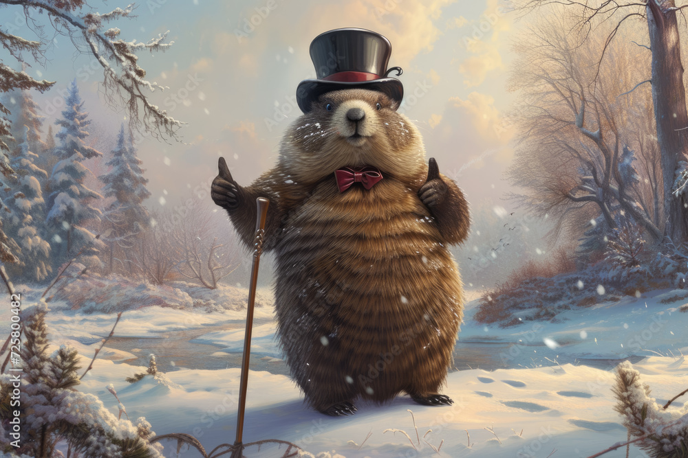 whimsical illustration of a groundhog dressed in a top hat and bow tie ...