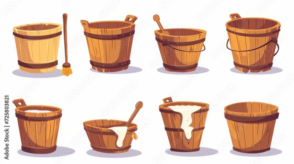 Cartoon wooden buckets. Wood bucket with flowing water or milk, empty ...
