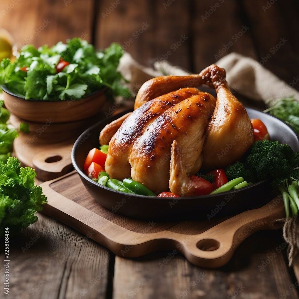 Frango assado em cima da mesa dentro de um pote ao lado de salada Stock ...