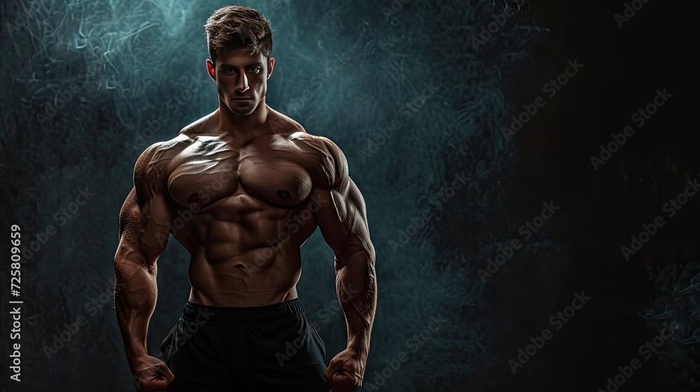 A muscular model sports a young man on a dark background, revealing his ...