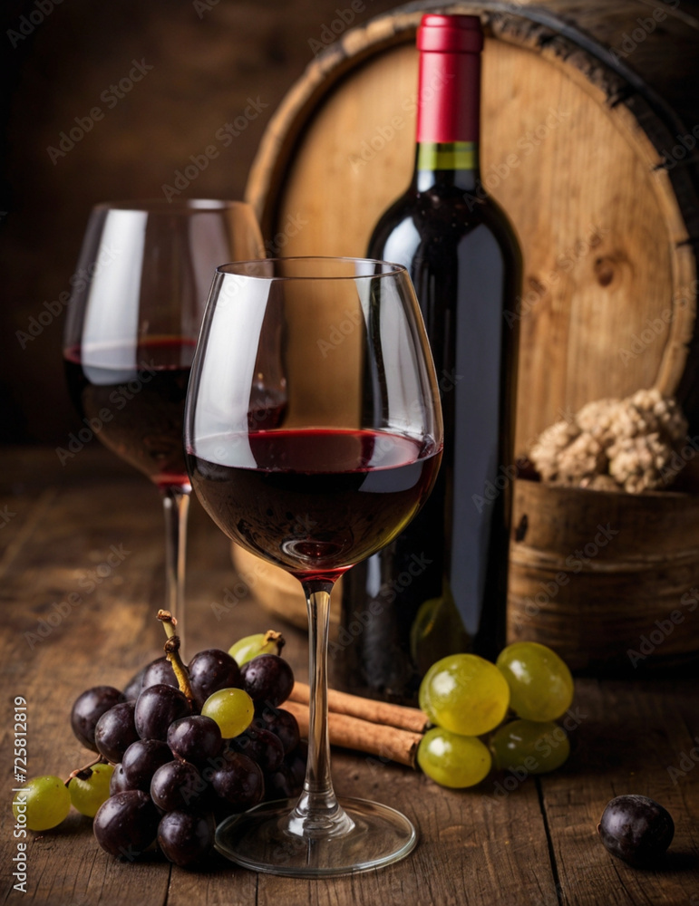 Composicion copas con vino tinto con uvas blancas y negras, al fondo ...